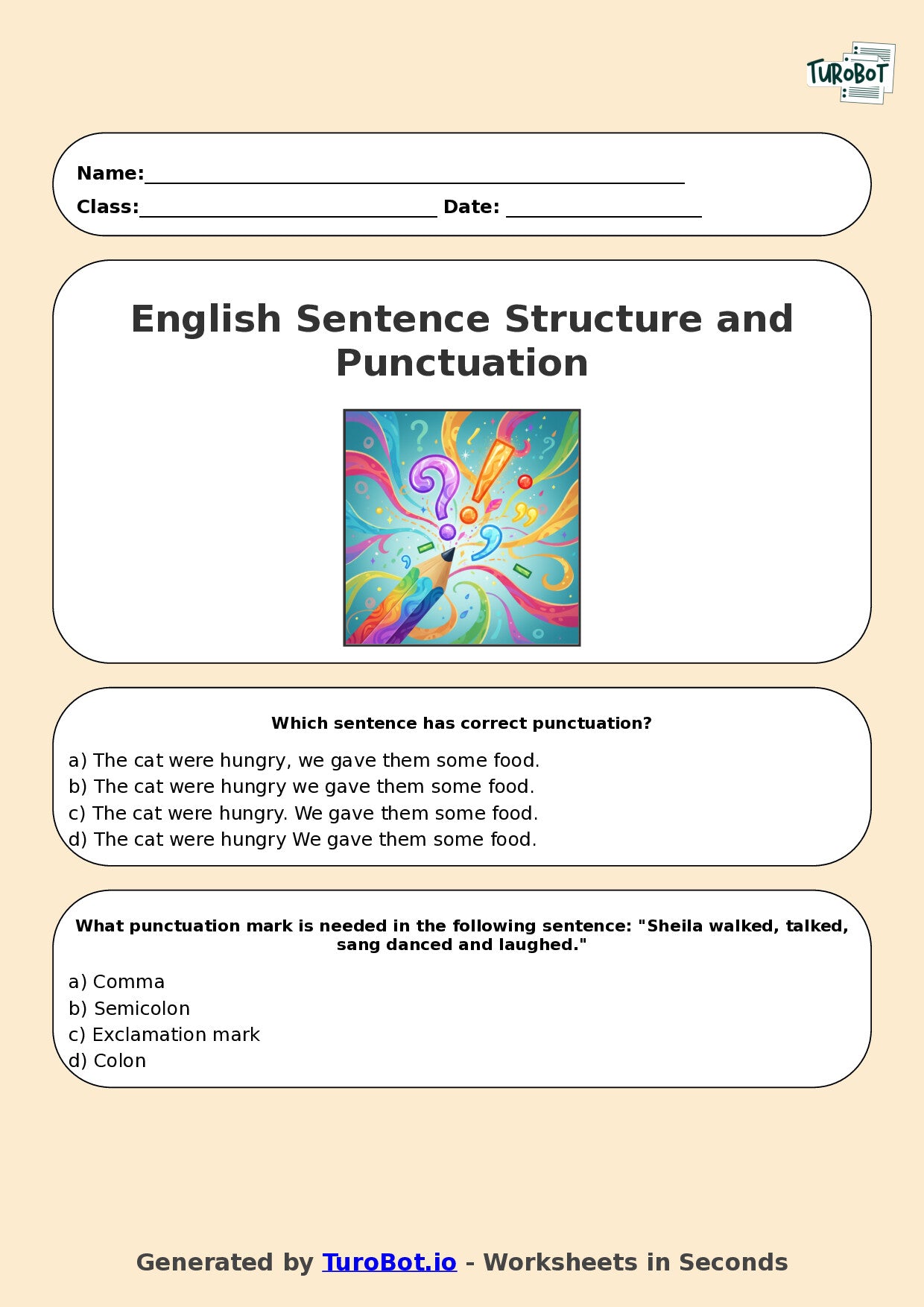 Year 7 English Multiple Choice Worksheet – Sentence Structure and Punc ...