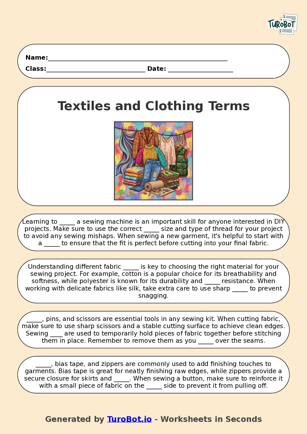 Year 7 Family and Consumer Science Fill in the Blanks Worksheet – Text ...