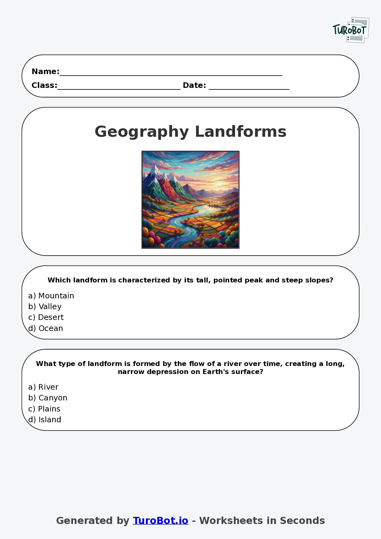 Year 6 Geography Multiple Choice Worksheet – Landforms and Landscapes ...