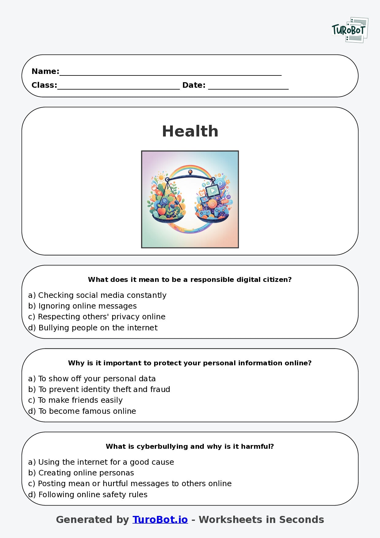 Year 7 Health & Wellbeing Multiple Choice Worksheet – Online Safety an ...