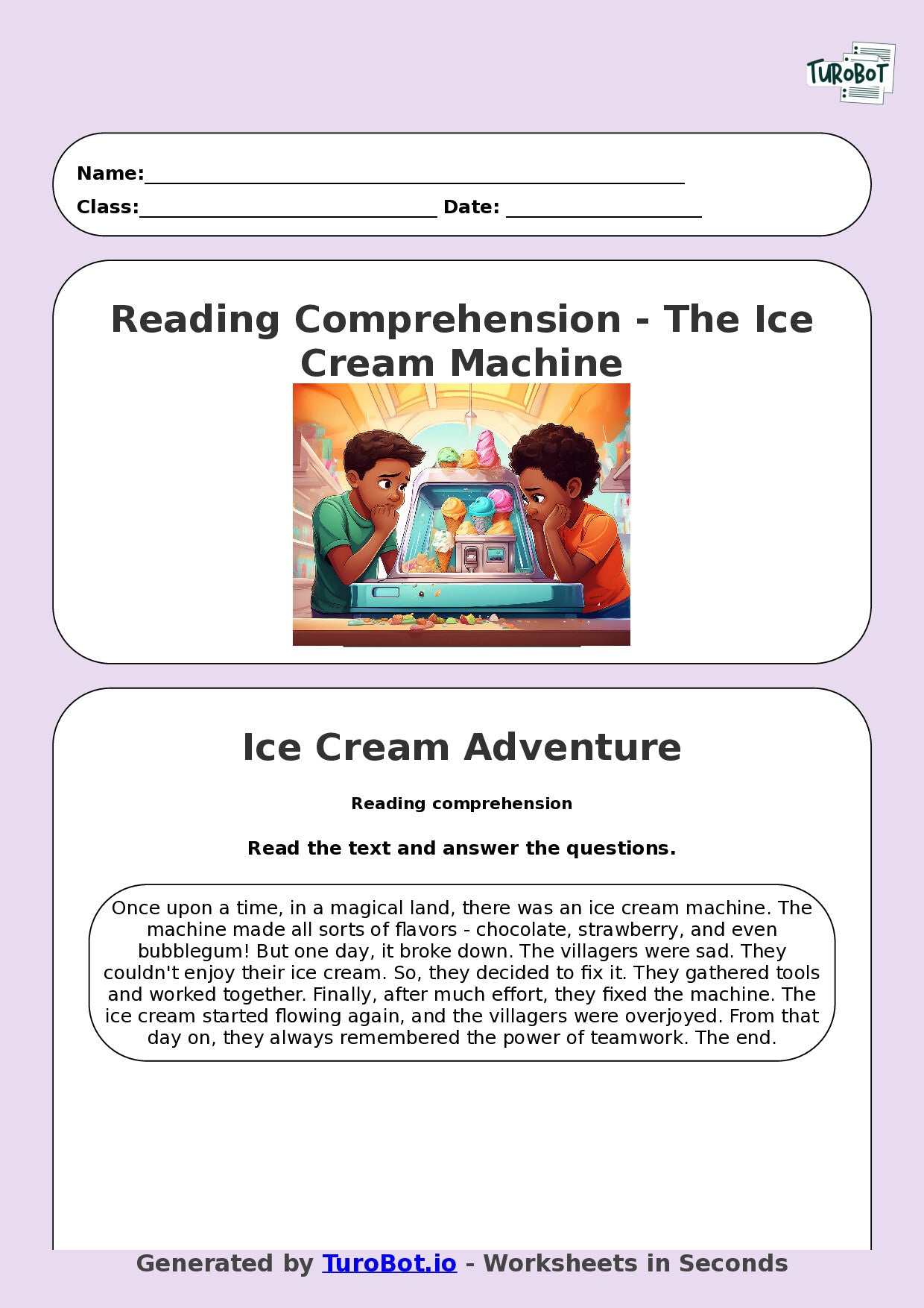 Free Year 3 Reading Comprehension Worksheet – The Ice Cream Machine ...