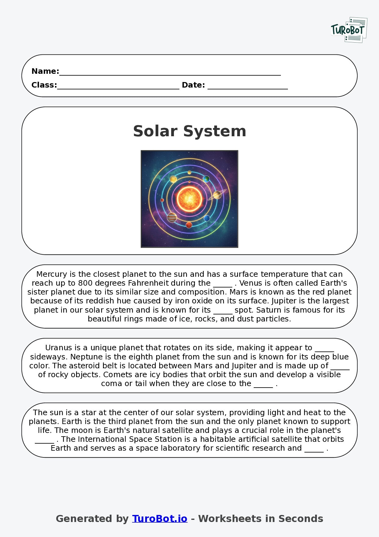 Year 4 Science Fill in the Blanks Worksheet – The Solar System – TuroBot