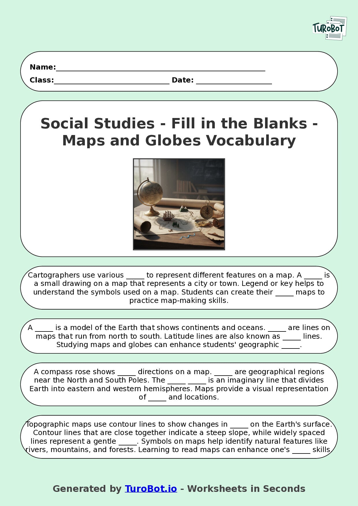 Year 8 Social Studies Fill in the Blanks Worksheet – Maps and Globes V ...