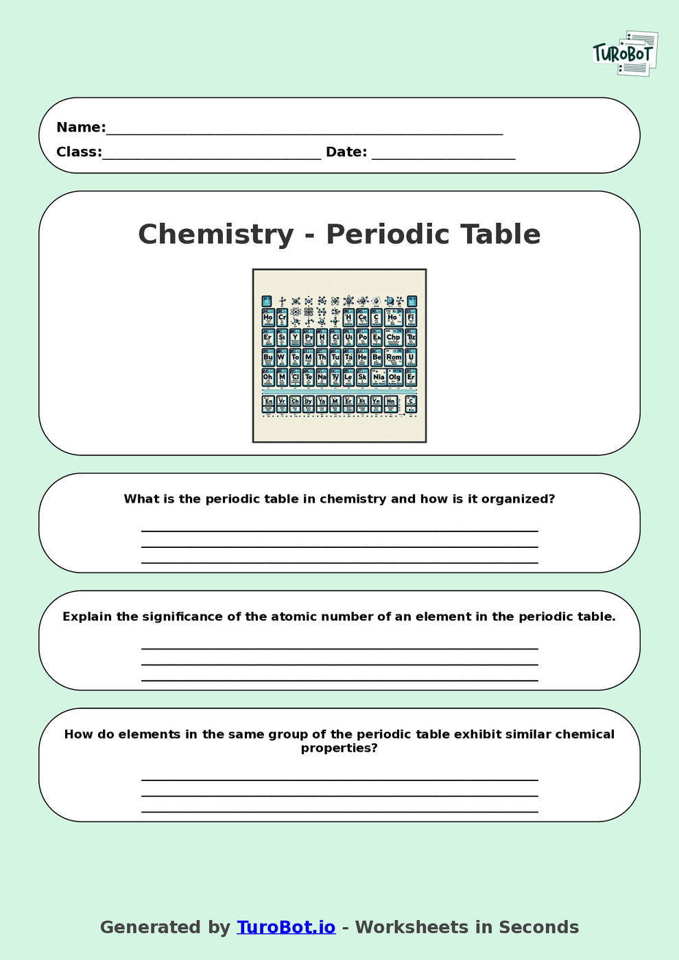 Free Worksheet – Chemistry - Year 8 - Periodic Table | TuroBot