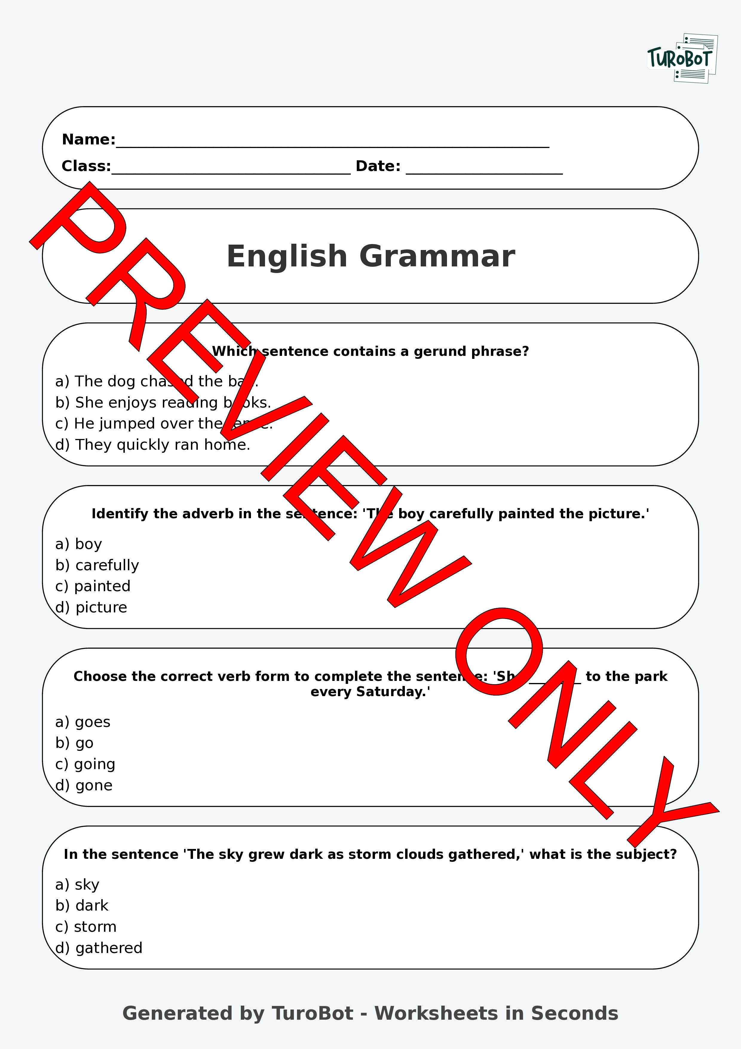 English - Year 7 Worksheet: Grammar Skills Builder – TuroBot