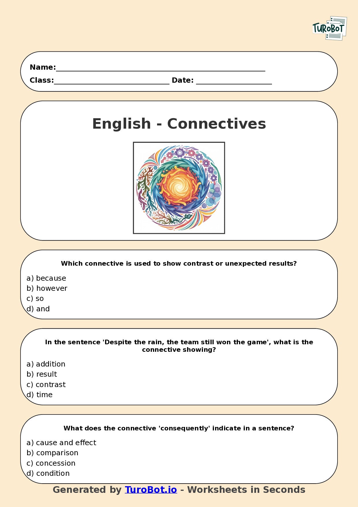 Year 7 English Multiple Choice Worksheet – Using Connectives for Cohes ...