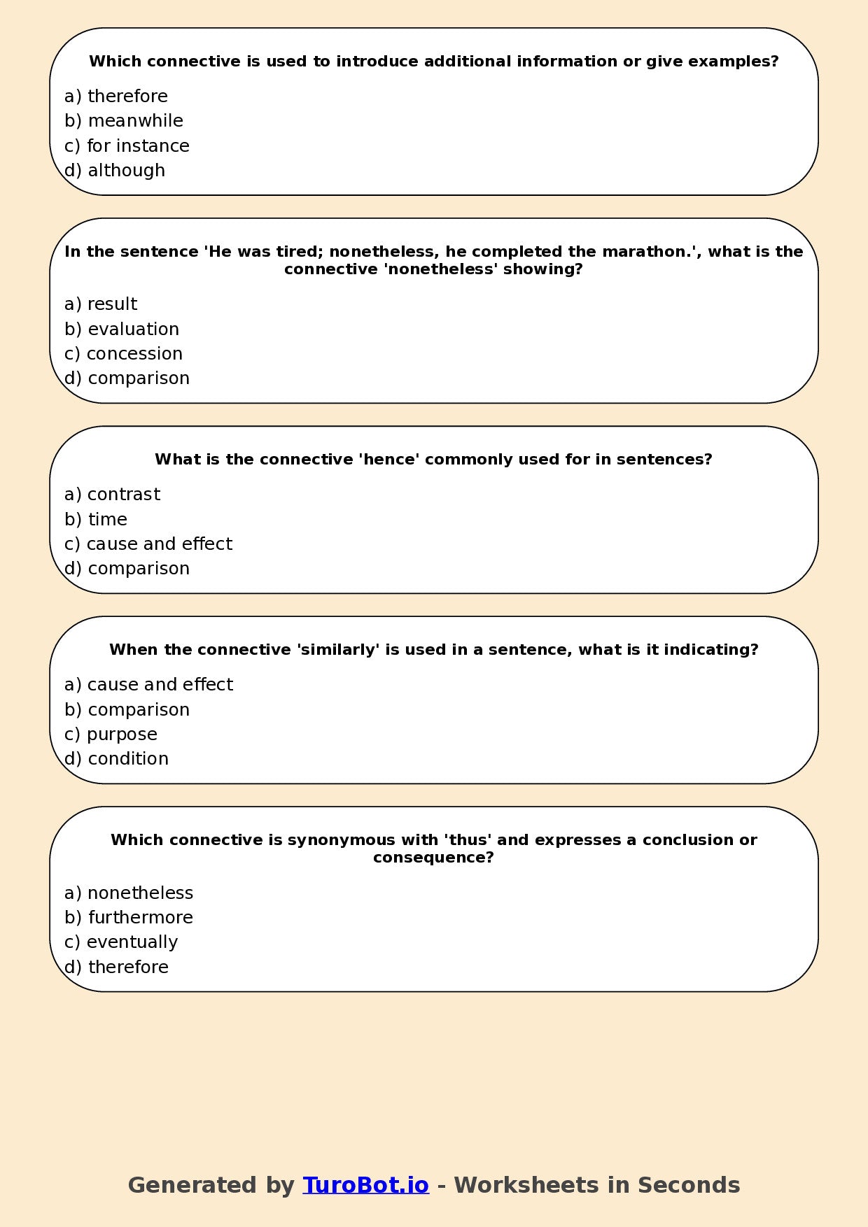 Year 7 English Multiple Choice Worksheet – Using Connectives for Cohes ...