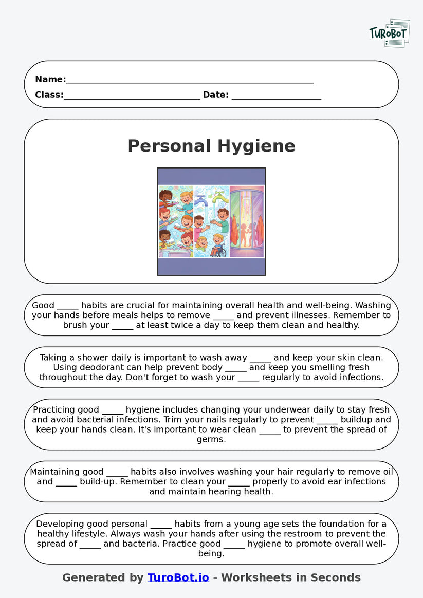Year 7 Family and Consumer Science Fill in the Blanks Worksheet – Pers ...