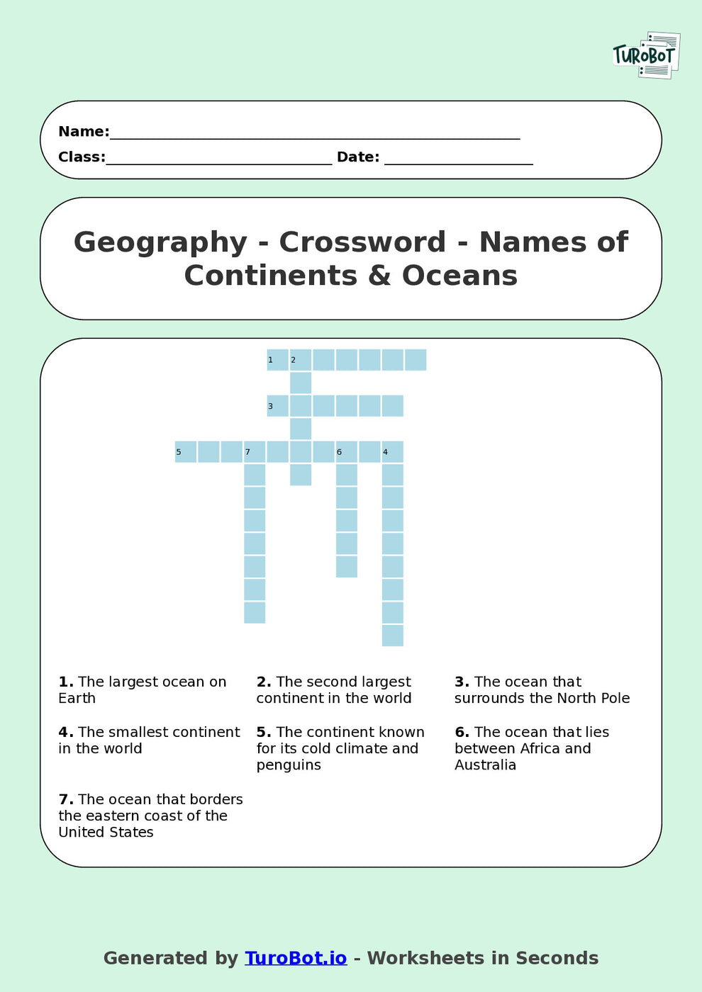 Year 4 Geography Crossword Worksheet – Names of Continents & Oceans ...