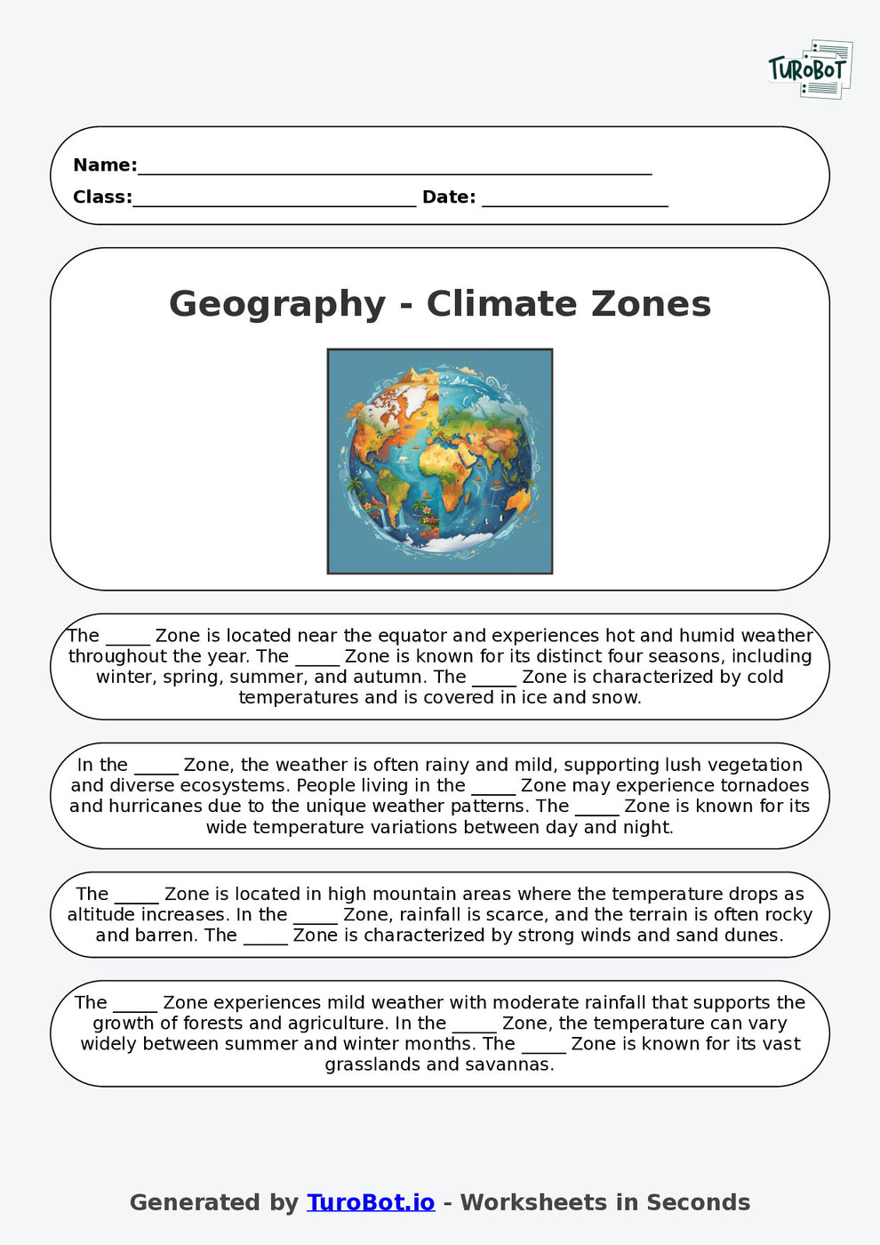 Year 6 Geography Fill in the Blanks Worksheet – Climate Zones – TuroBot