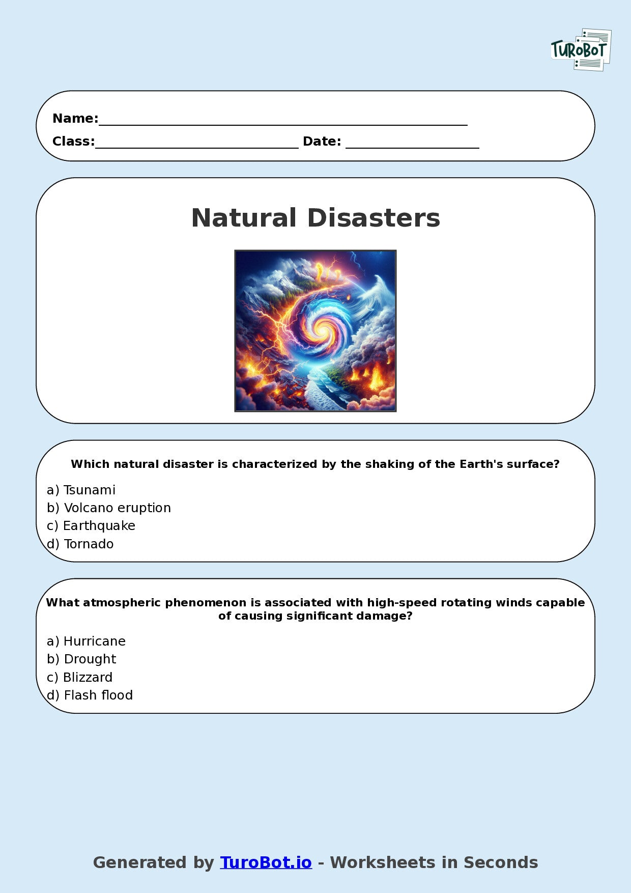 Year 7 Geography Multiple Choice Worksheet – Natural Disasters Overvie ...