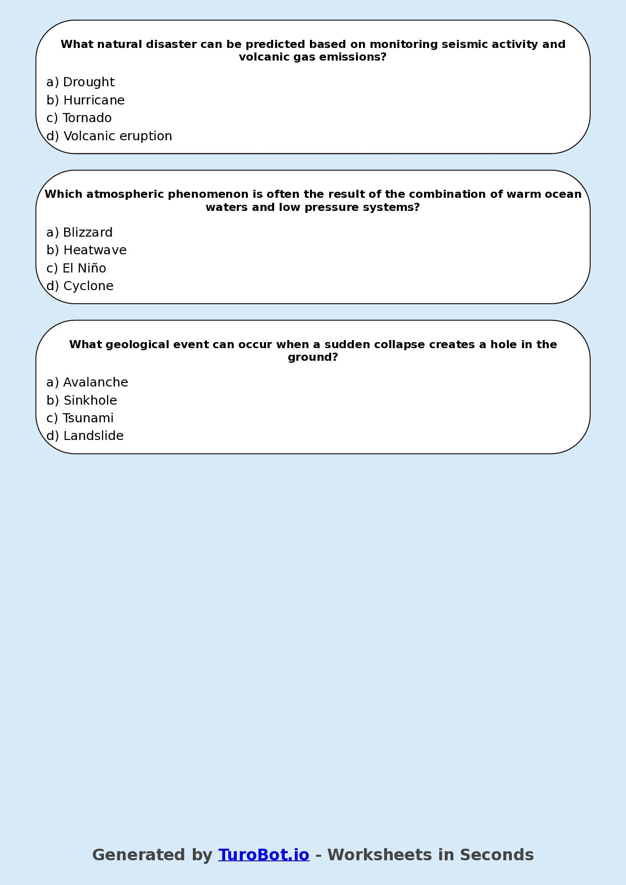 Year 7 Geography Multiple Choice Worksheet – Natural Disasters Overvie ...