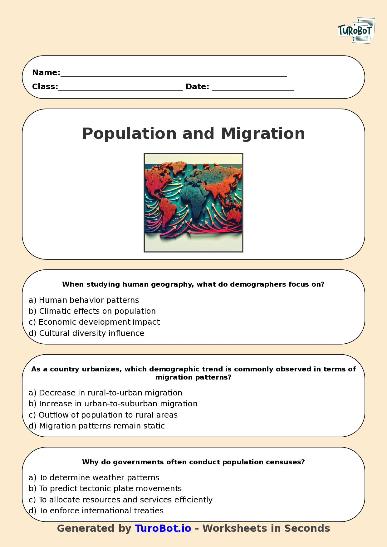 Year 9 Geography Multiple Choice Worksheet – Population and Migration – TuroBot