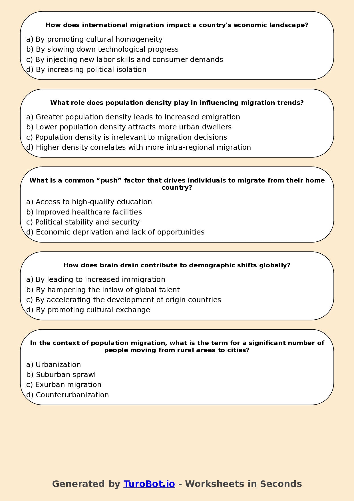Year 9 Geography Multiple Choice Worksheet – Population and Migration ...