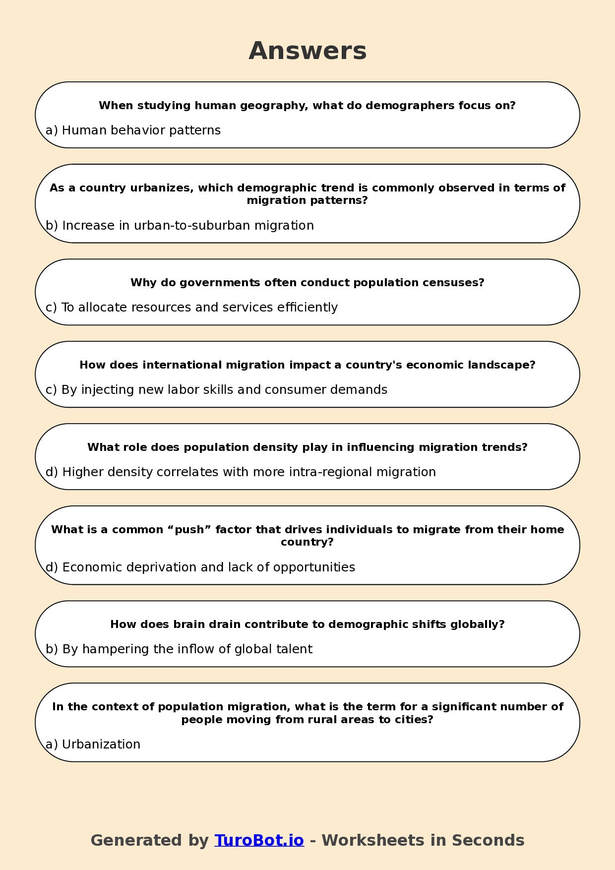 Year 9 Geography Multiple Choice Worksheet – Population and Migration ...
