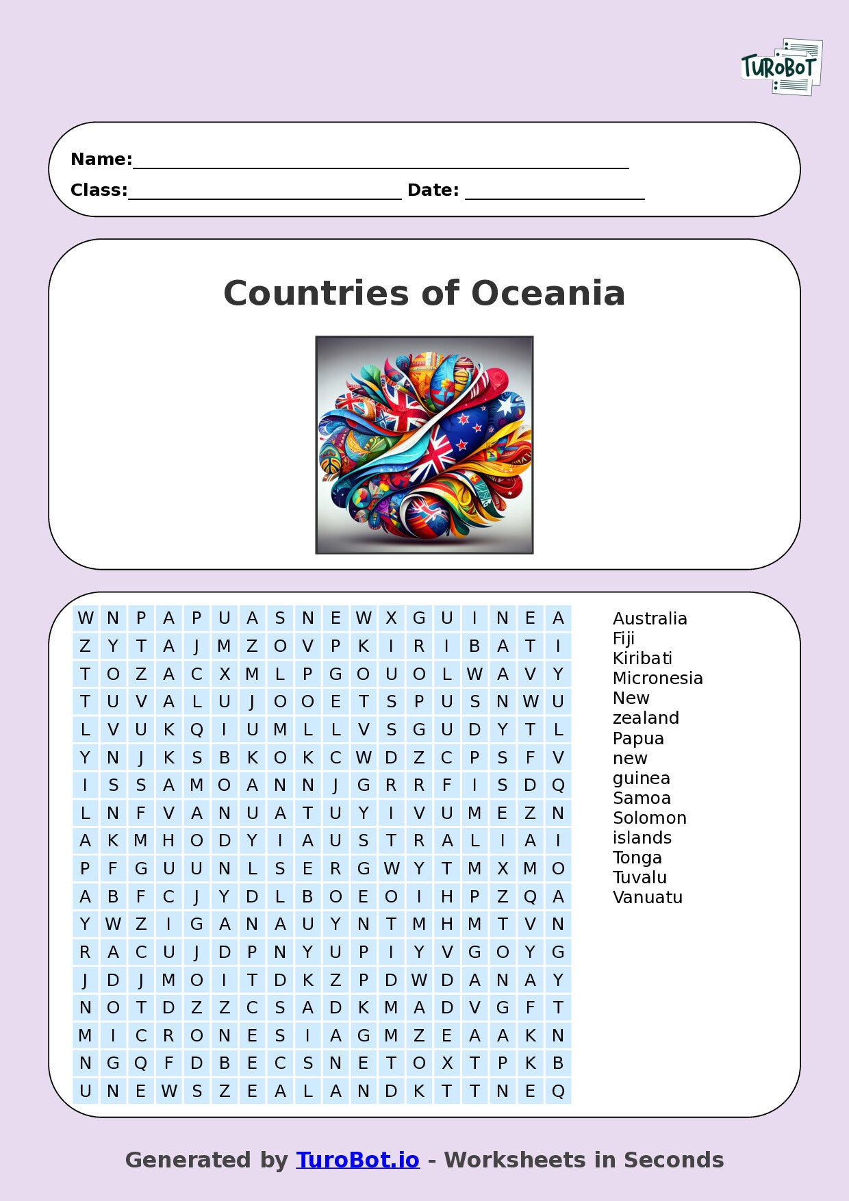 Free Year 6 Geography Find A Word Worksheet – Countries of Oceania ...
