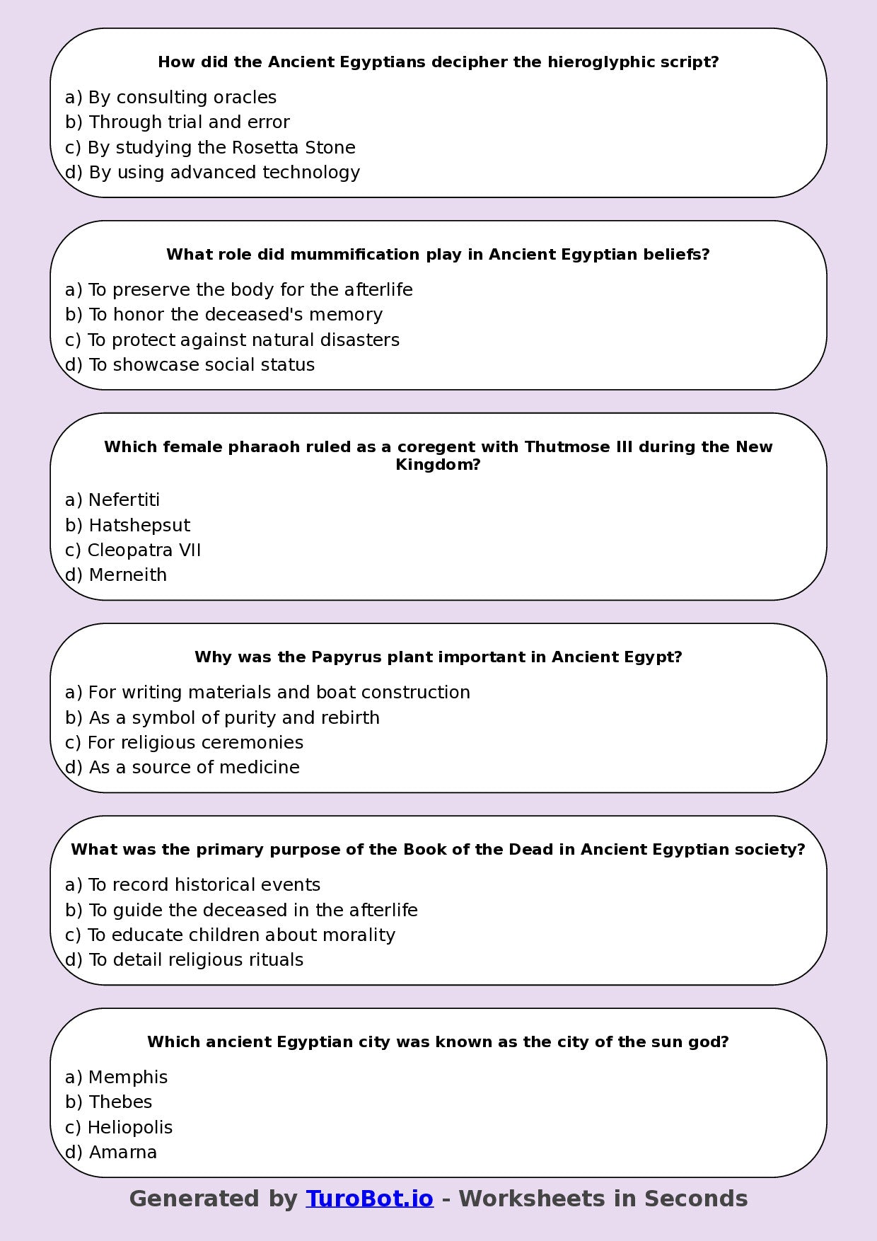 Year 6 History Multiple Choice Worksheet – Ancient Egypt Facts – TuroBot