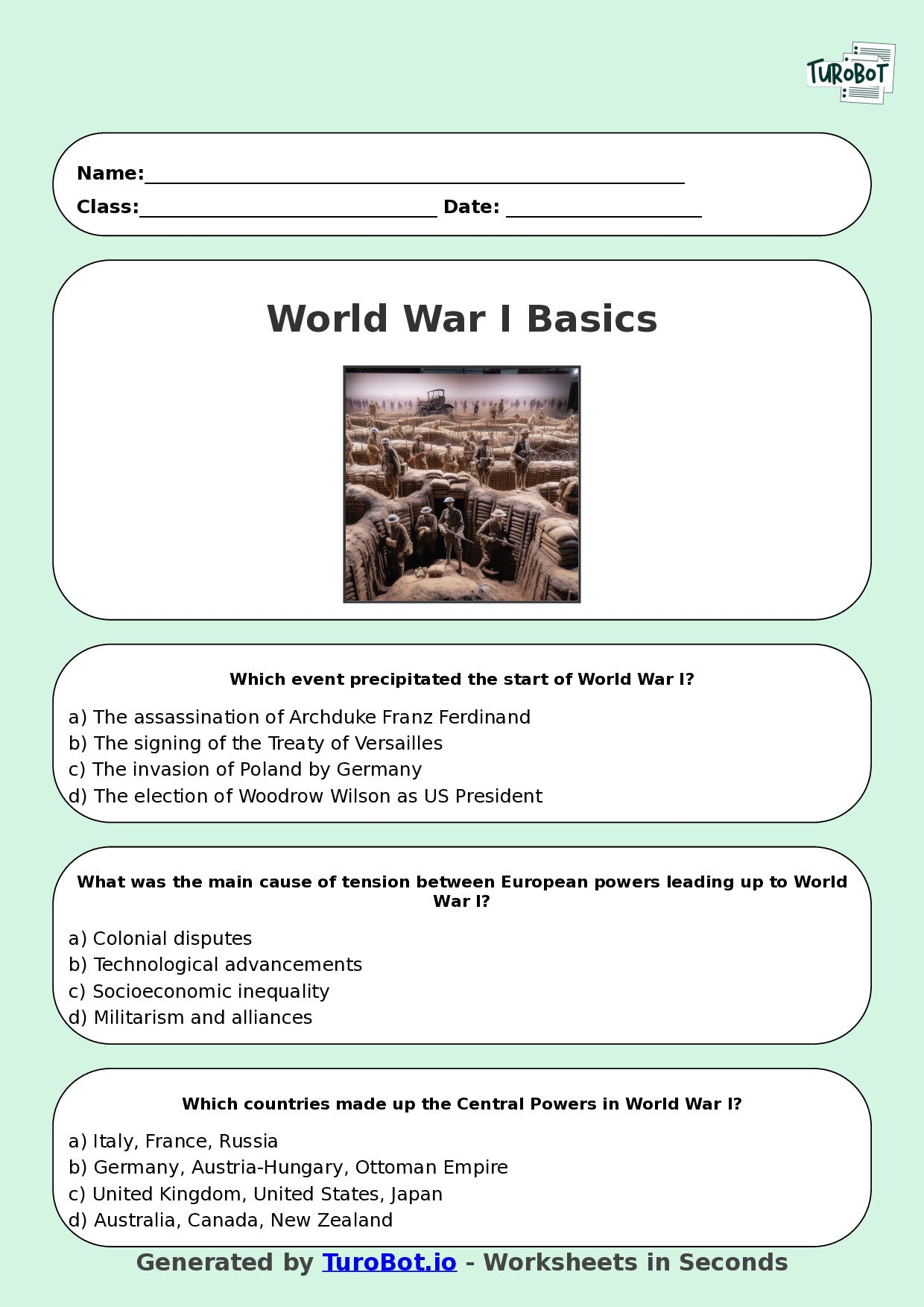 Year 8 History Multiple Choice Worksheet – World War I Basics – TuroBot