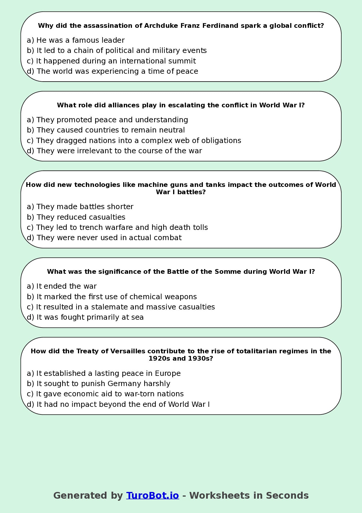 Year 8 History Multiple Choice Worksheet – World War I Basics – TuroBot