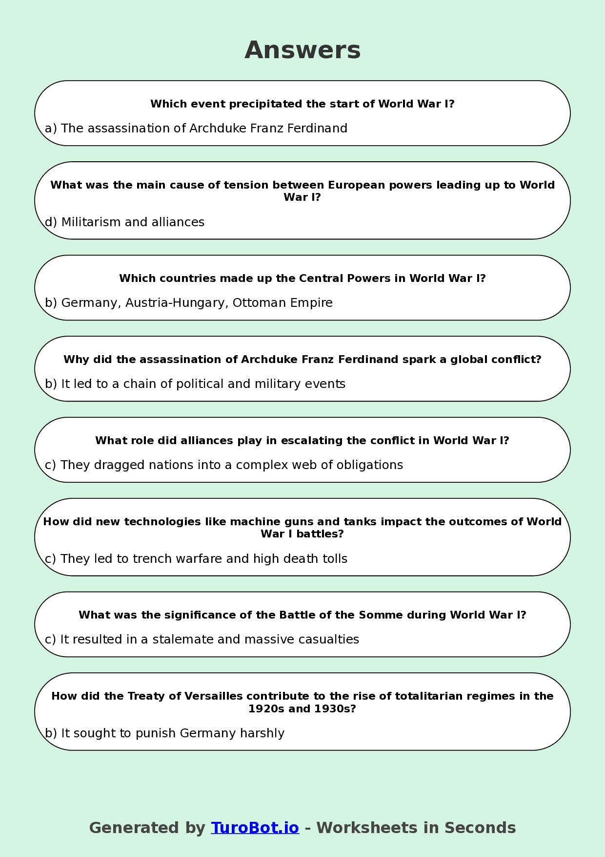 Year 8 History Multiple Choice Worksheet – World War I Basics – TuroBot
