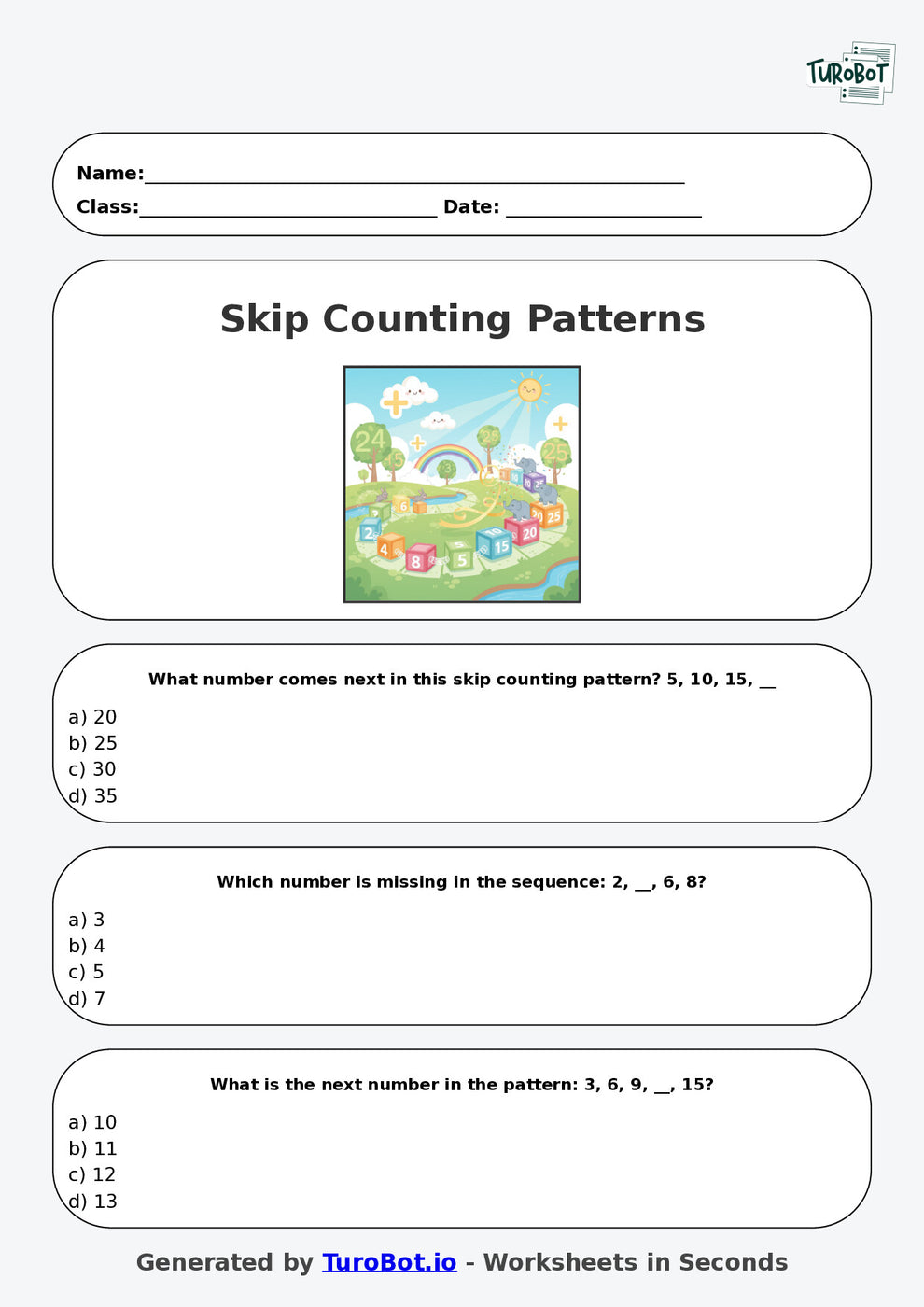 Year 3 Maths Multiple Choice Worksheet – Skip Counting Patterns – TuroBot