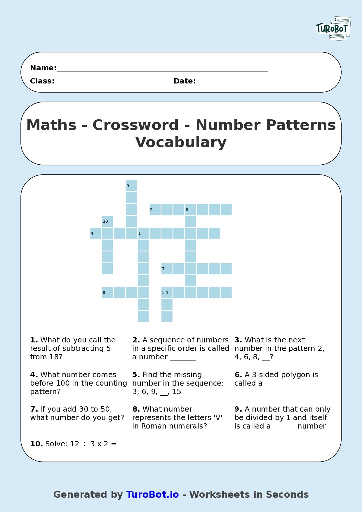 Year 6 Maths Crossword Worksheet – Number Patterns Vocabulary – TuroBot