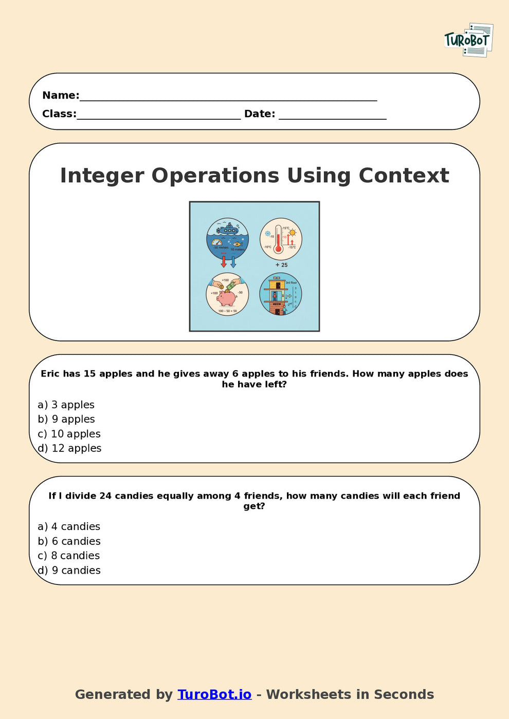 Year 7 Maths Multiple Choice Worksheet – Integer Operations Using Cont ...