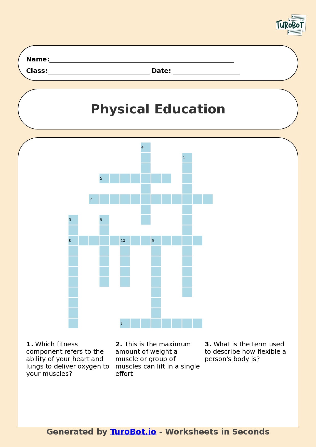 Physical Education (PDHPE) - Year 10 - Crossword - Fitness Components ...