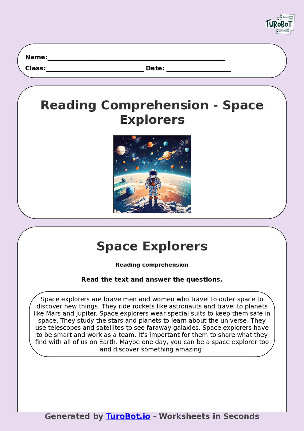 Free Year 3 Reading Comprehension Worksheet – Space Explorers | TuroBot ...