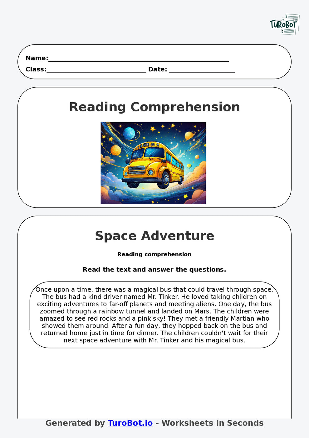 Free Year 3 Reading Comprehension Worksheet – The Bus That Travelled ...