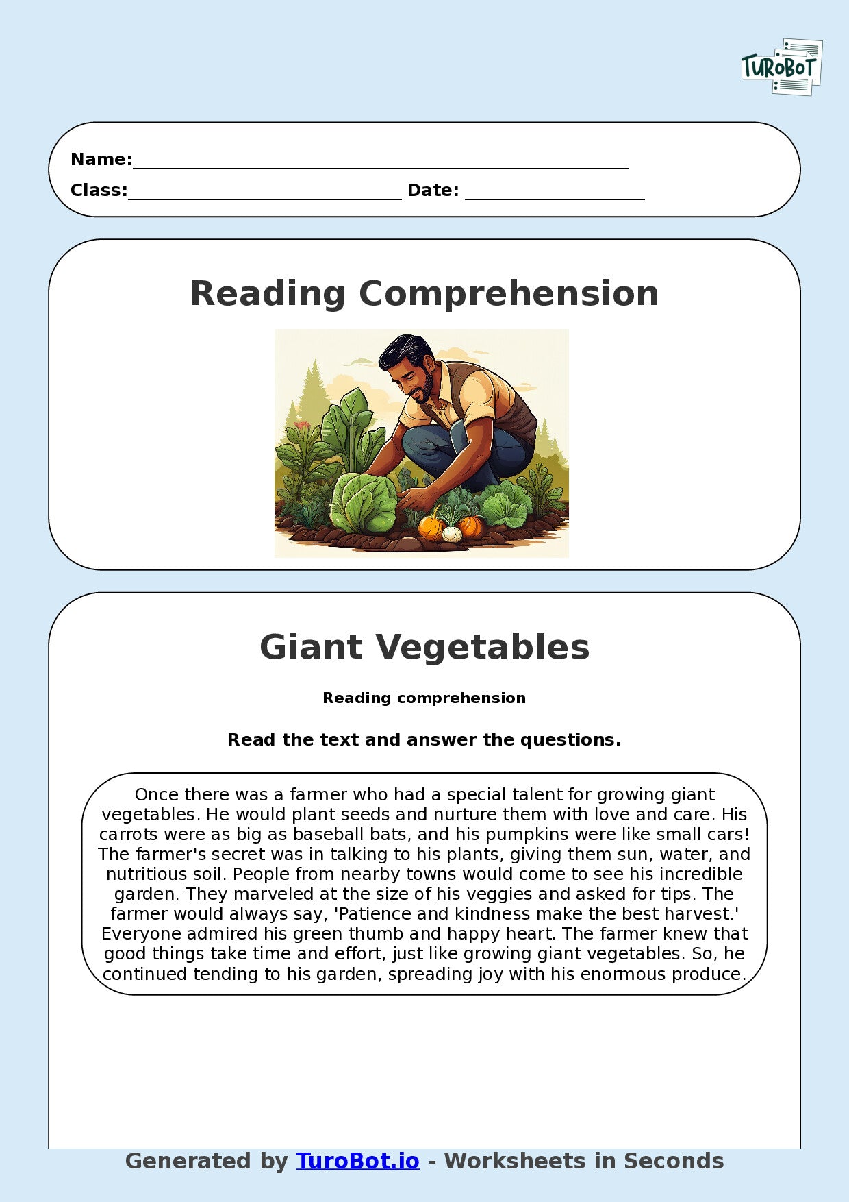 Free Year 3 Reading Comprehension Worksheet – The Farmer Who Grows ...