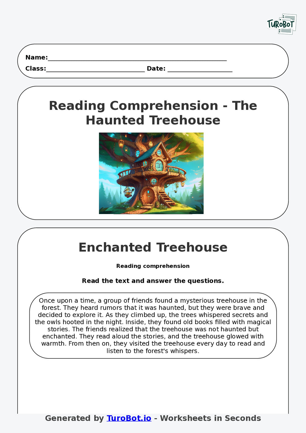 Free Year 3 Reading Comprehension Worksheet – The Haunted Treehouse ...