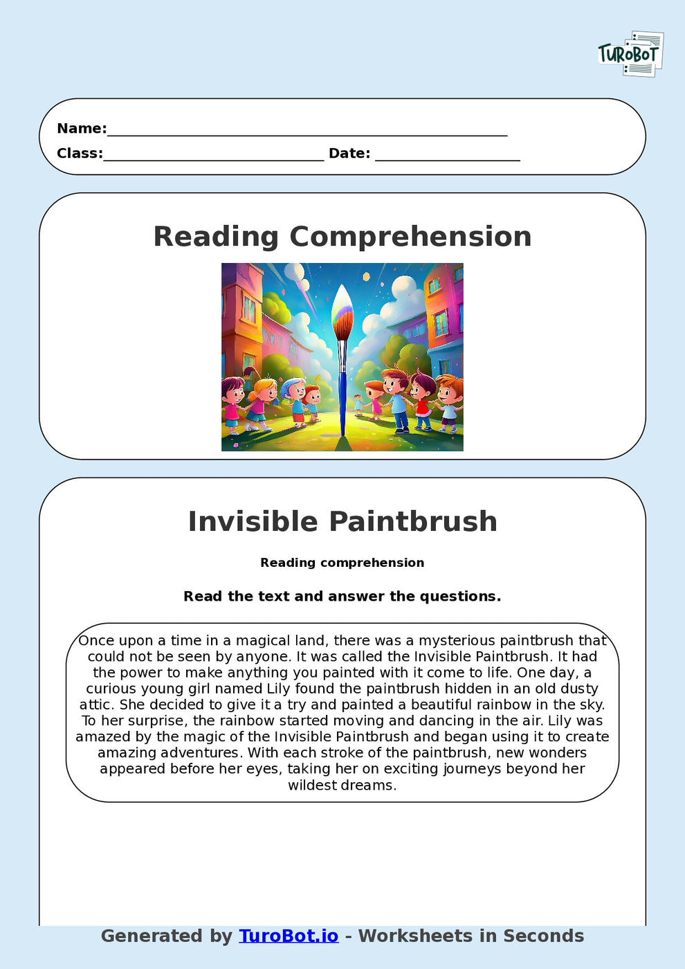 Free Year 3 Reading Comprehension Worksheet – The Invisible Paintbrush ...