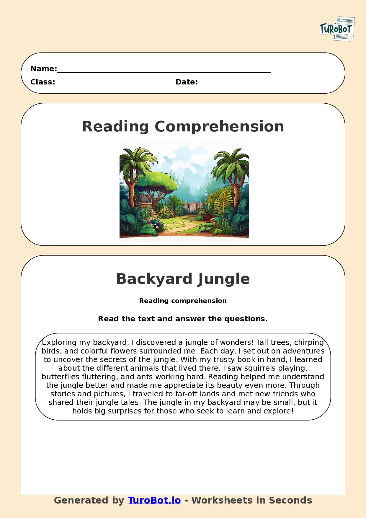 Reading Comprehension - Year 3 - The Jungle In My Backyard – TuroBot