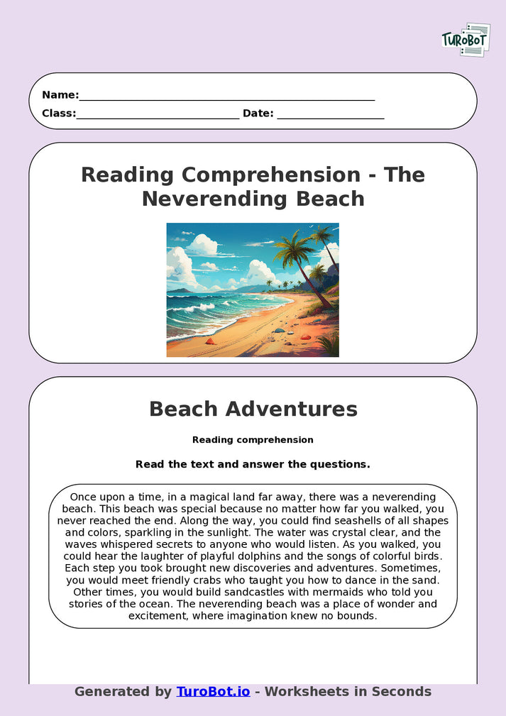 Free Year 3 Reading Comprehension Worksheet – The Neverending Beach ...