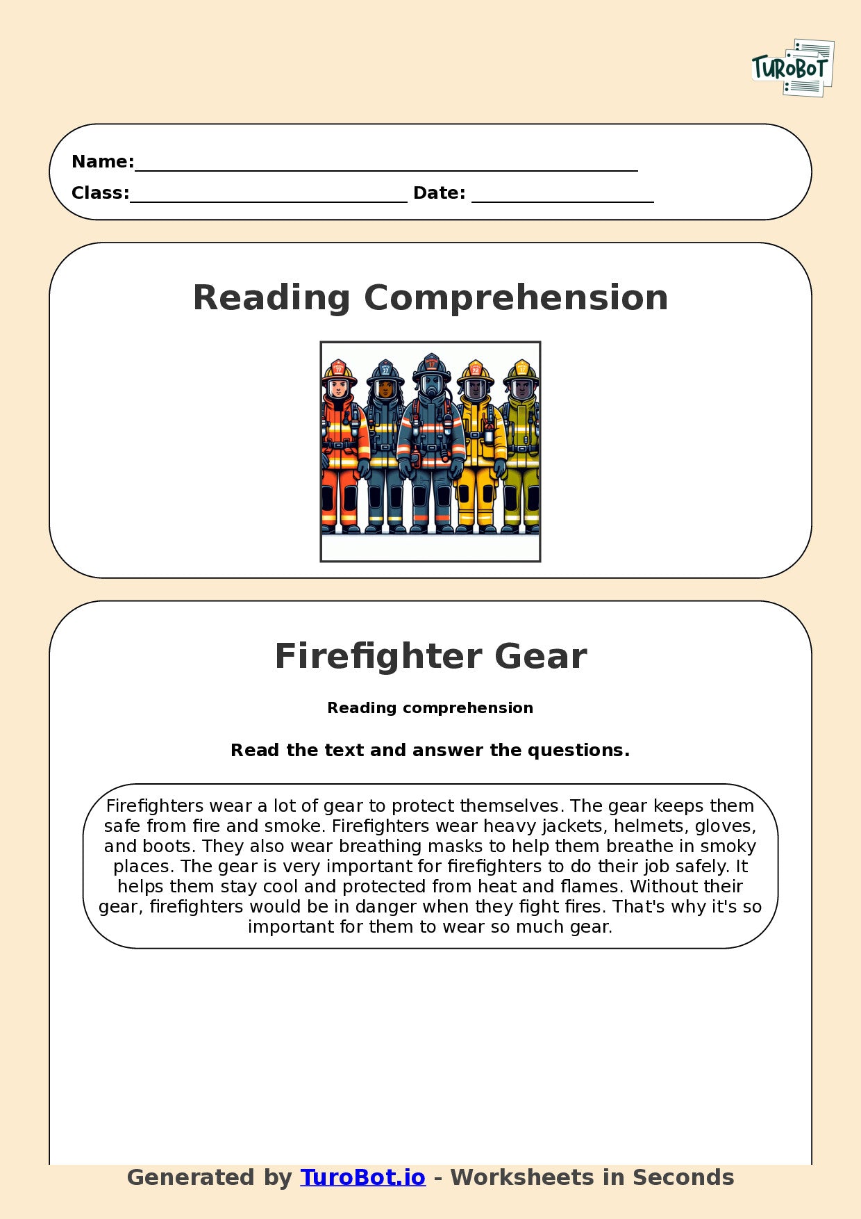 Reading Comprehension - Year 3 - Why Firefighters Wear So Much Gear ...