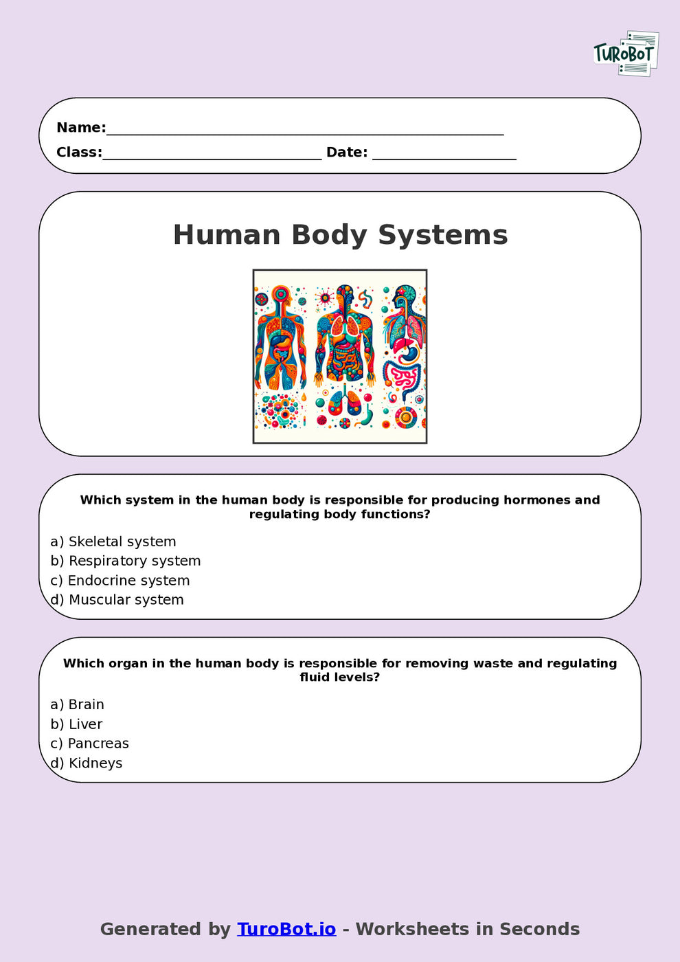 Year 7 Science Multiple Choice Worksheet – Human Body Systems – TuroBot