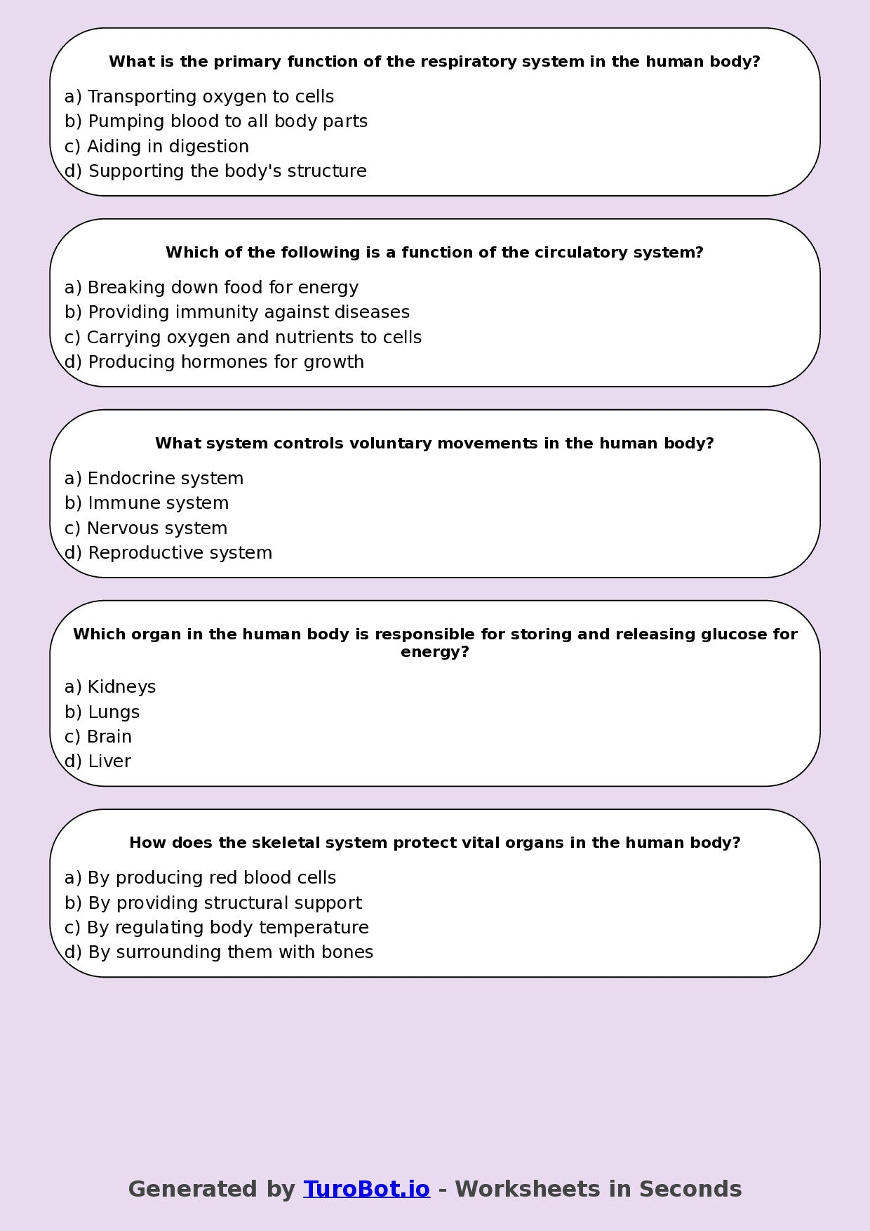 Year 7 Science Multiple Choice Worksheet – Human Body Systems – TuroBot