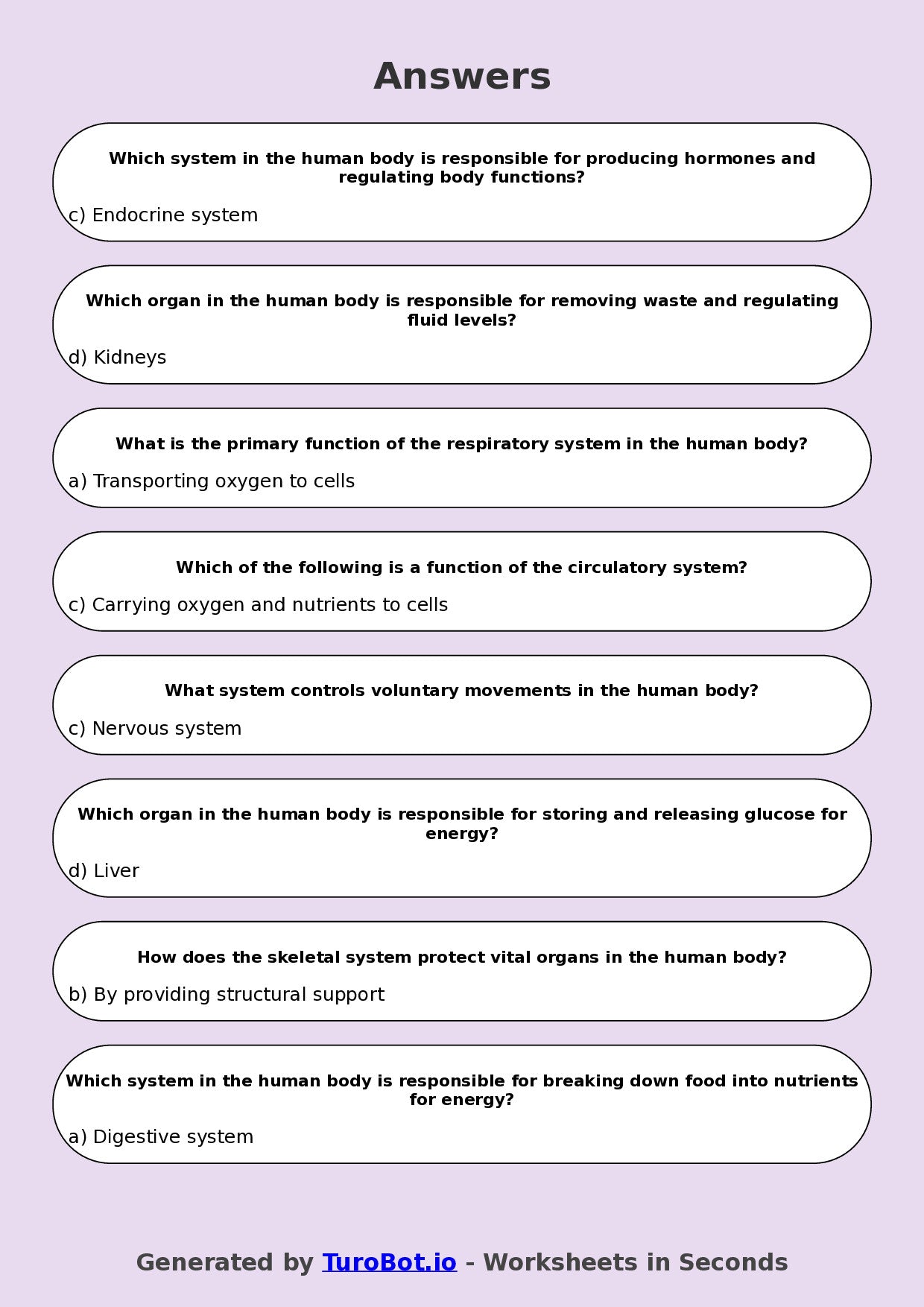 Year 7 Science Multiple Choice Worksheet – Human Body Systems – TuroBot