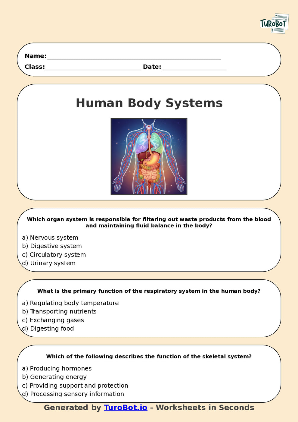 Year 7 Science Multiple Choice Worksheet – Human Body Systems Overview ...