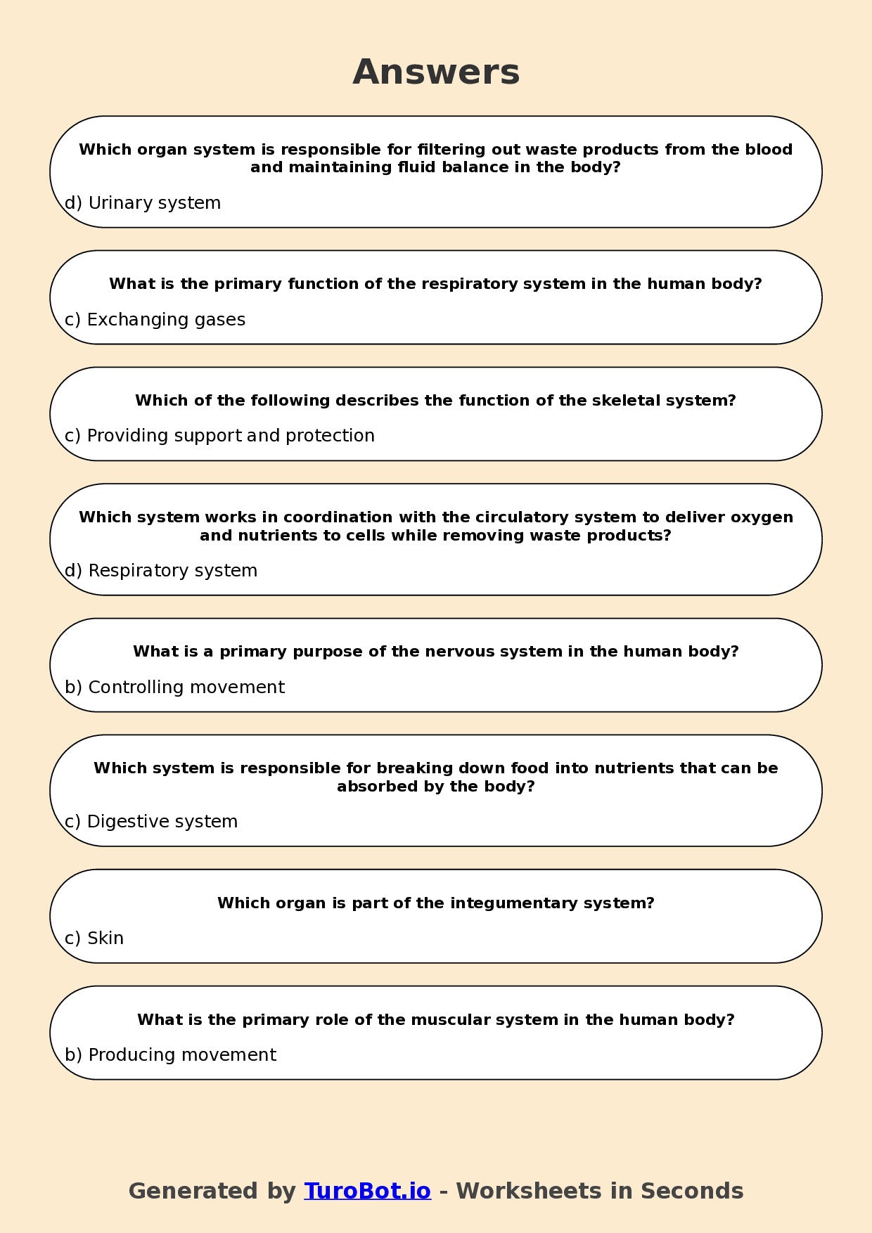 Year 7 Science Multiple Choice Worksheet – Human Body Systems Overview ...