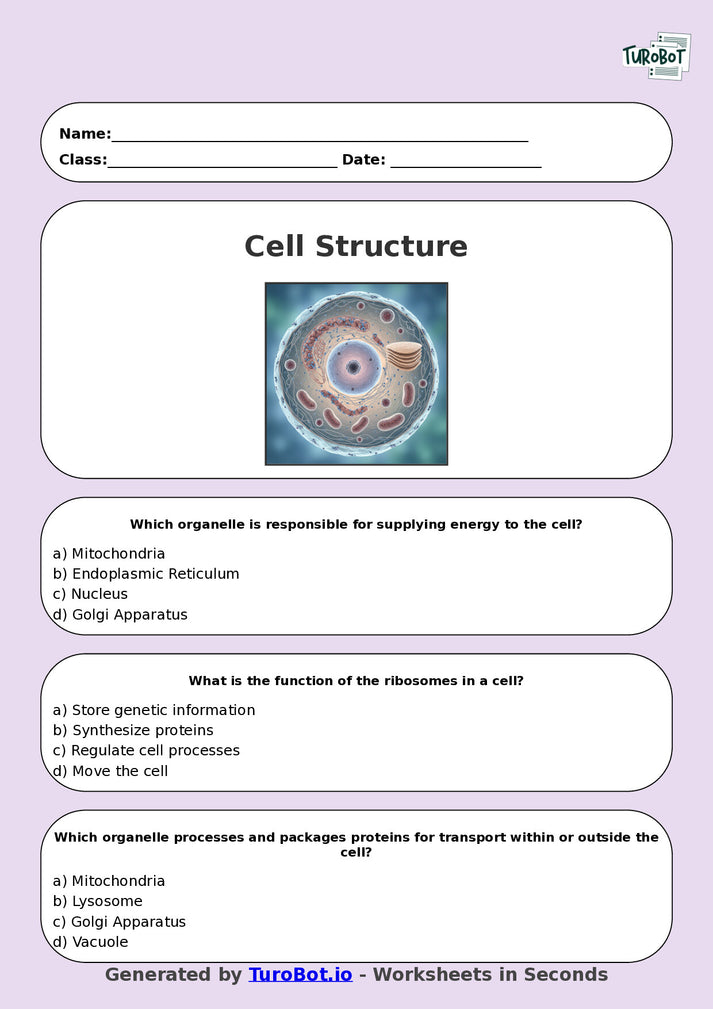 Year 8 Science Multiple Choice Worksheet – Cell Structure Introduction ...