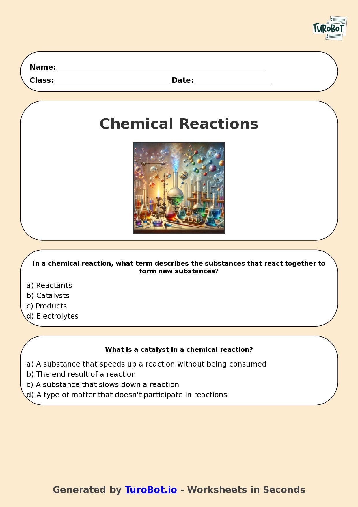 Year 9 Science Multiple Choice Worksheet – Chemical Reactions Basics ...