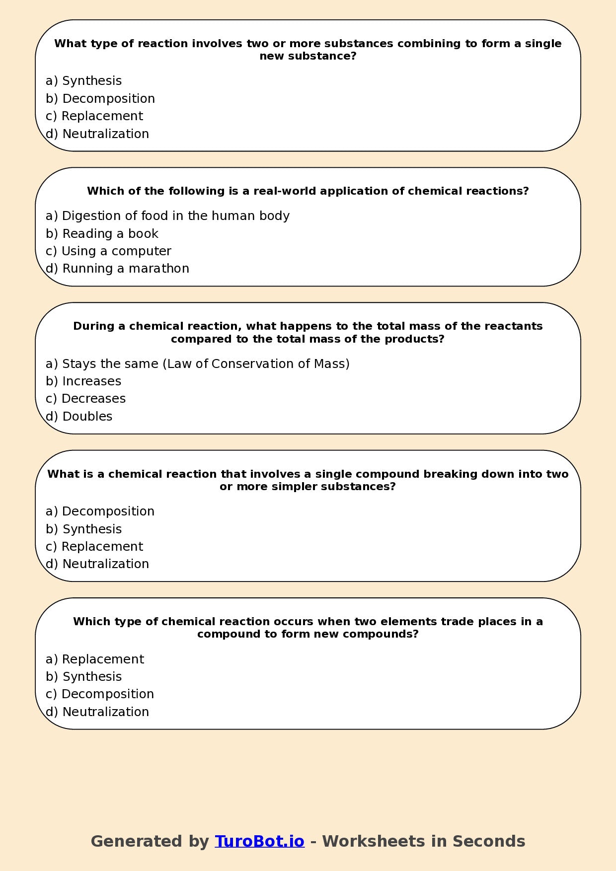 Year 9 Science Multiple Choice Worksheet – Chemical Reactions Basics ...