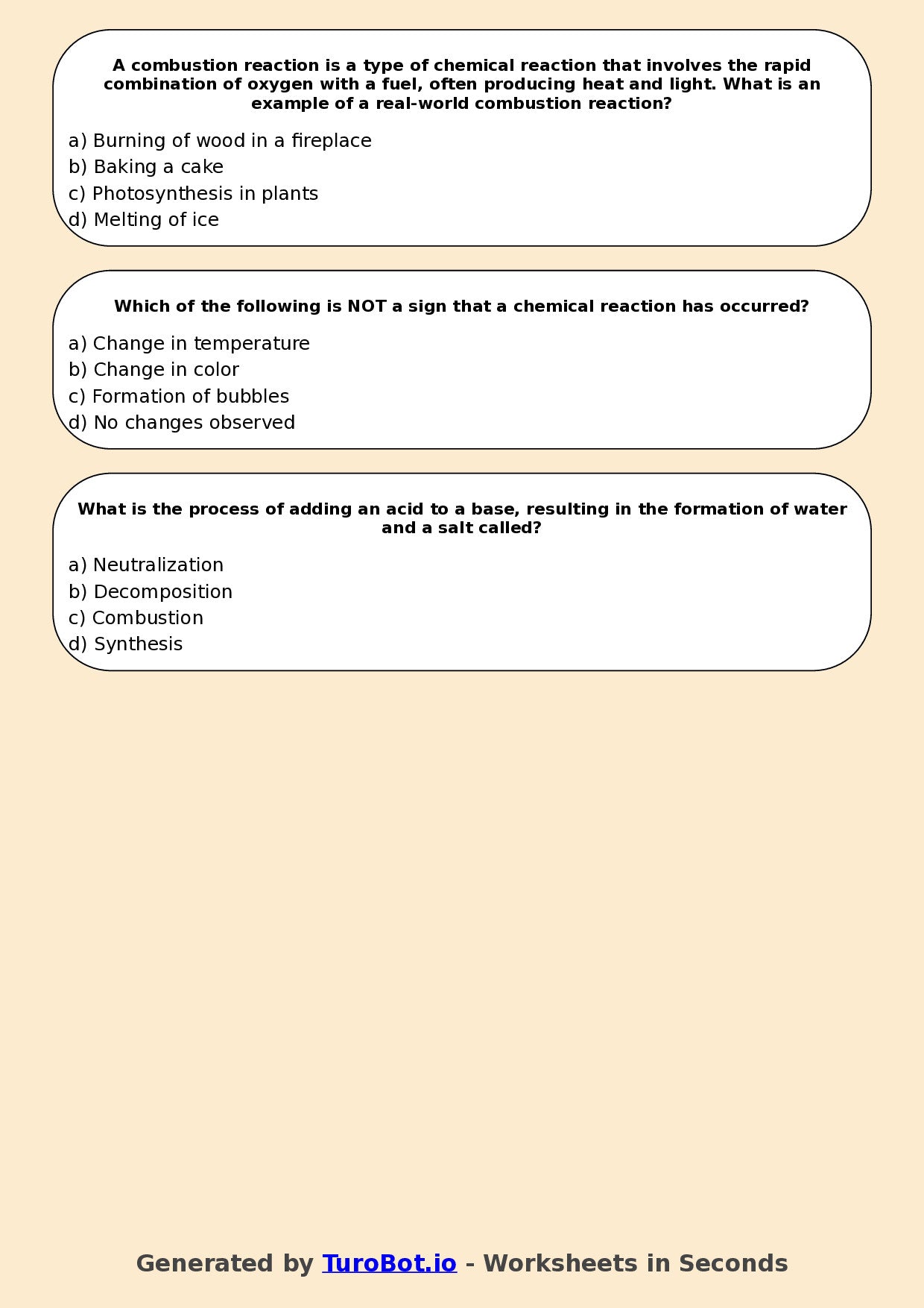 Year 9 Science Multiple Choice Worksheet – Chemical Reactions Basics ...