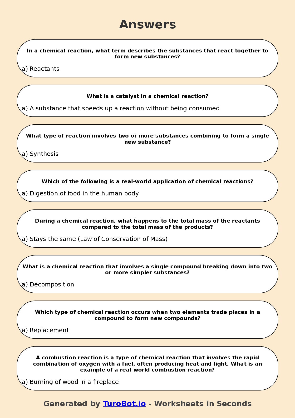 Year 9 Science Multiple Choice Worksheet – Chemical Reactions Basics ...