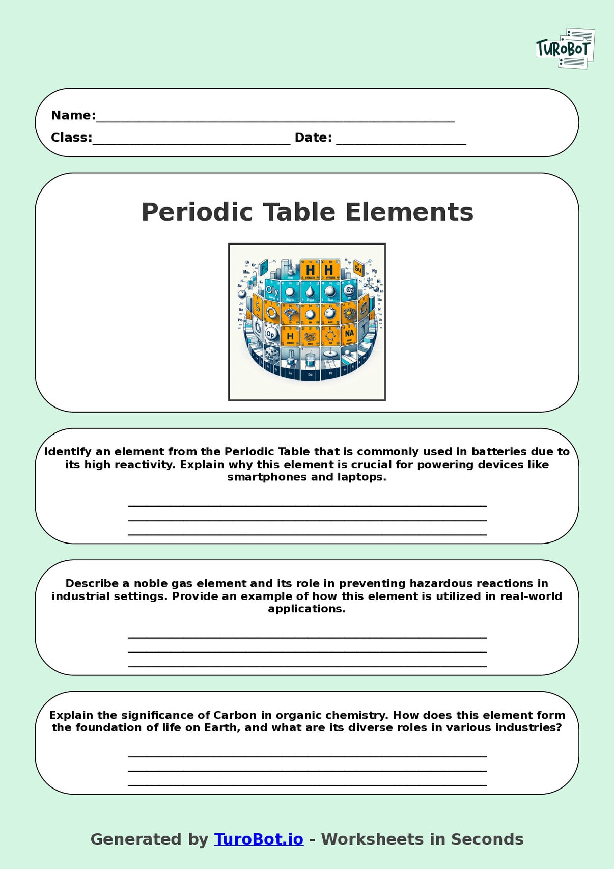 Free Year 9 Science Worksheet – Periodic Table Elements | TuroBot ...