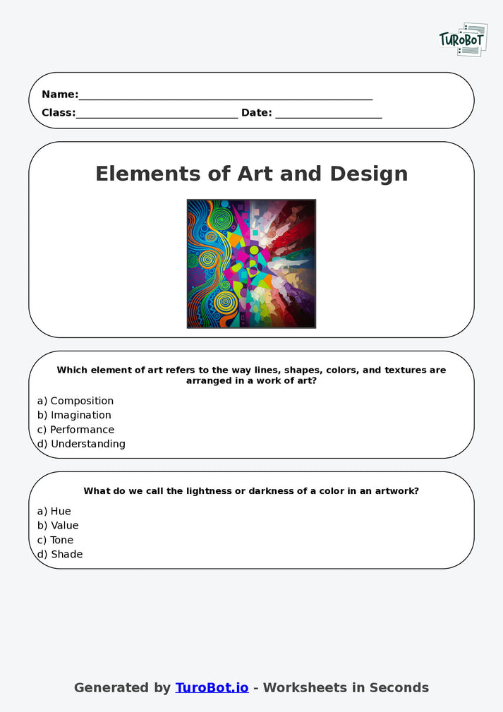 Year 5 Visual Arts Multiple Choice Worksheet – Elements of Art and Des ...