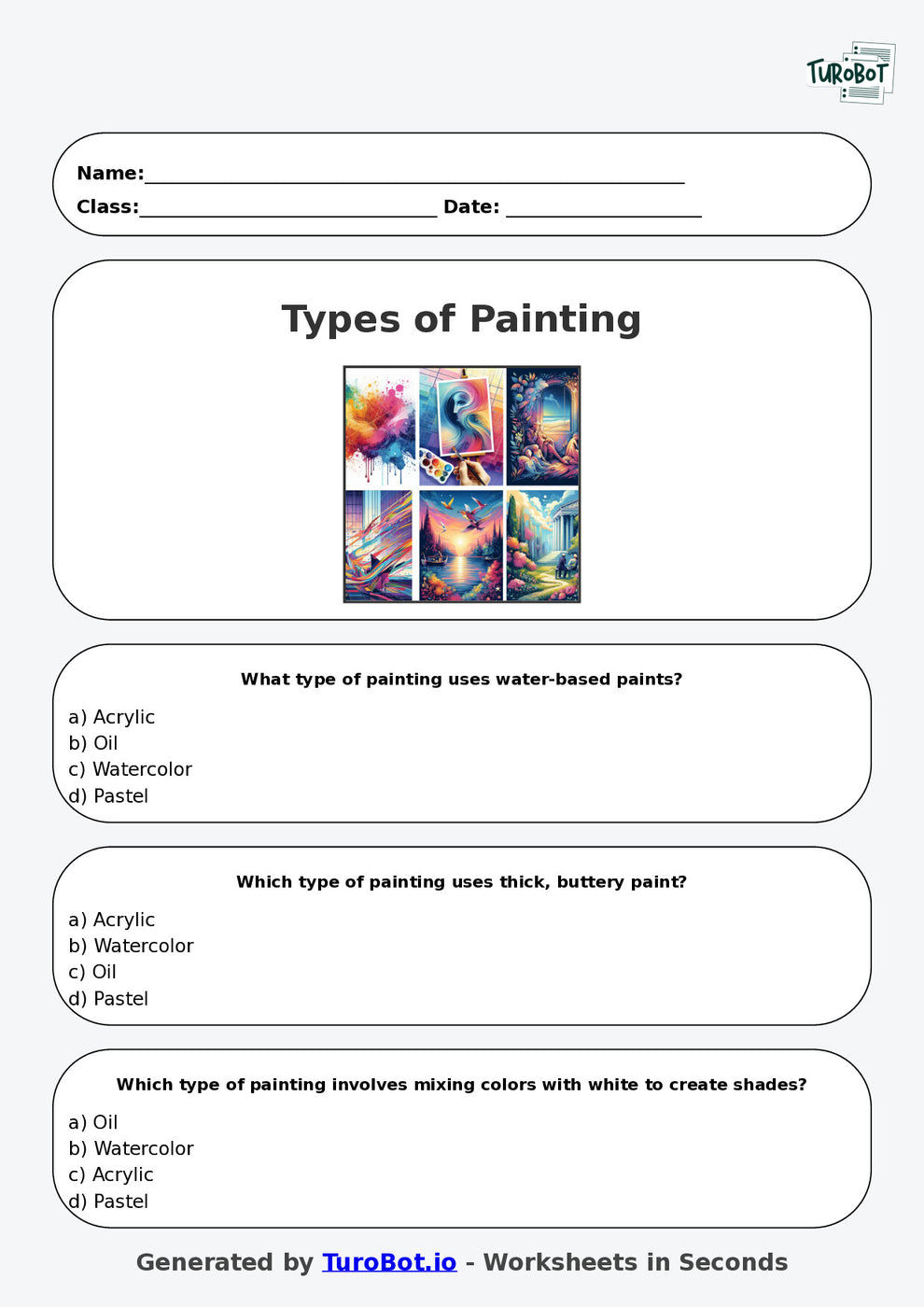 Year 5 Visual Arts Multiple Choice Worksheet – Types of Painting – TuroBot