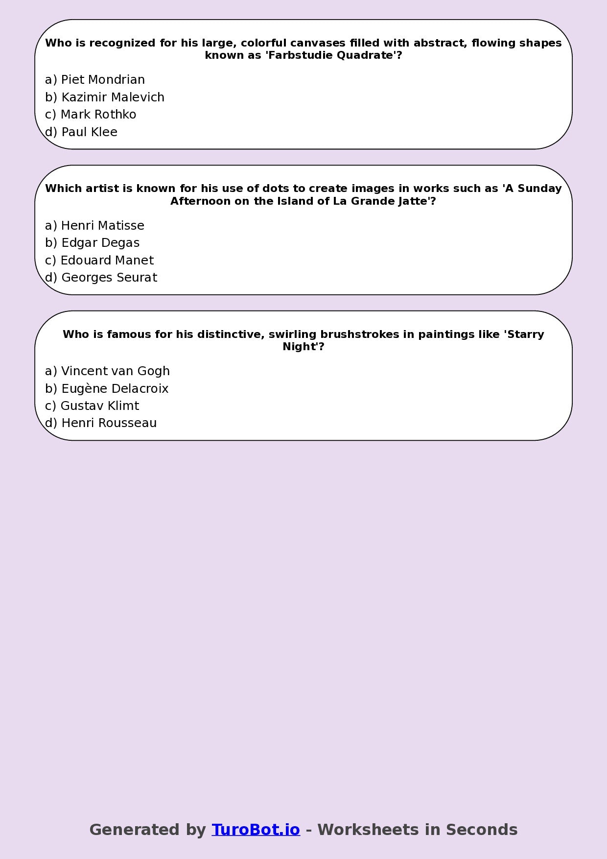 Year 6 Visual Arts Multiple Choice Worksheet – Famous Artists Overview ...
